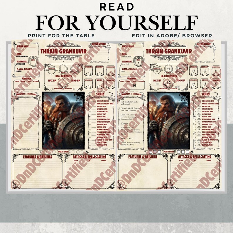 Dnd 5e Character Sheet | Printable and Fillable PDF | Pre-made Dungeons & Dragons RPG Sheet ...