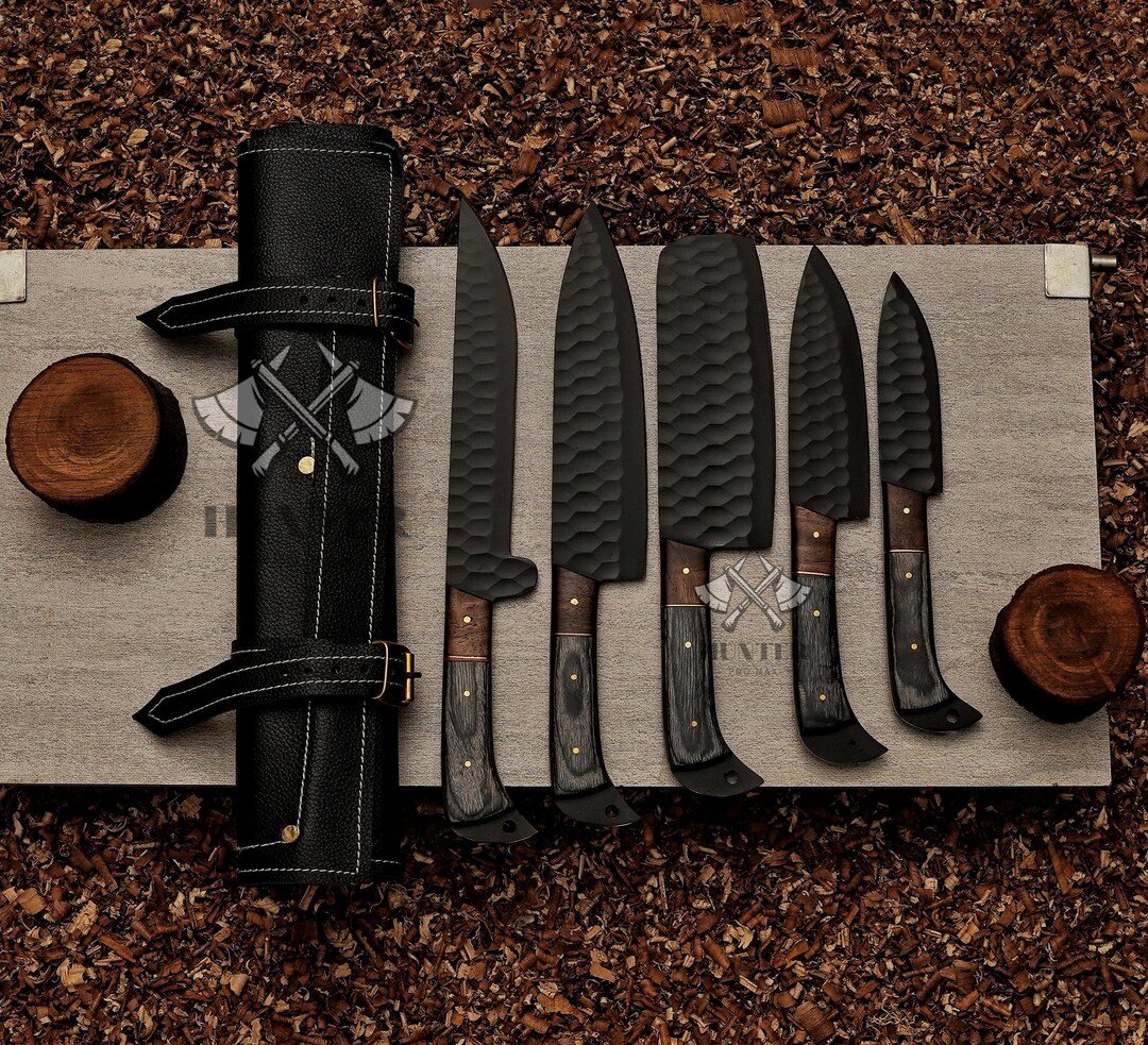 Hand Forged Damascus Steel Chef Set 5pcs With Leather Cover | Custom ...
