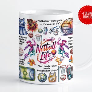 Netball Life Mug Design | Ball, Court and Watercolor Goal Ring Style ...