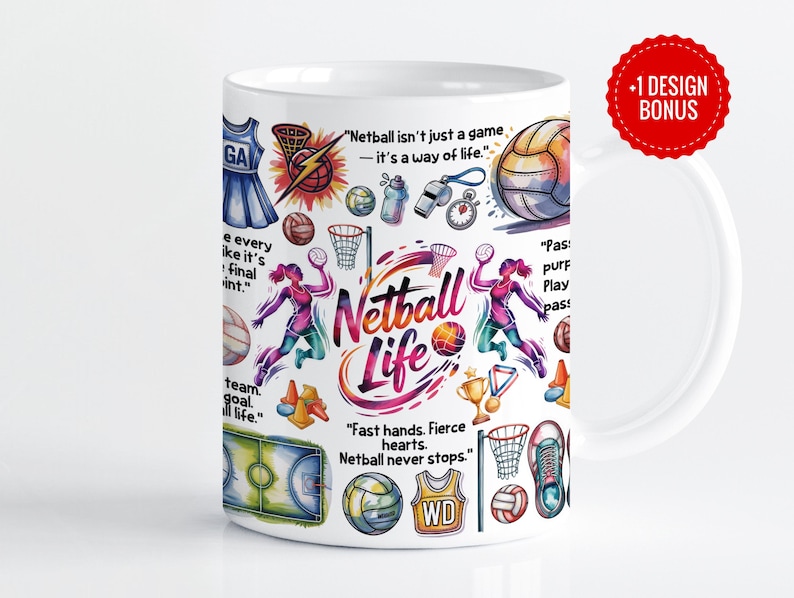Netball Life Mug Design | Ball, Court and Watercolor Goal Ring Style ...