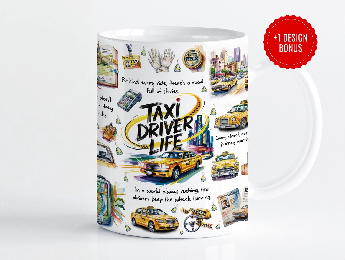 Taxi Driver Life Mug Design: Watercolor Yellow Cab (digital Download ...
