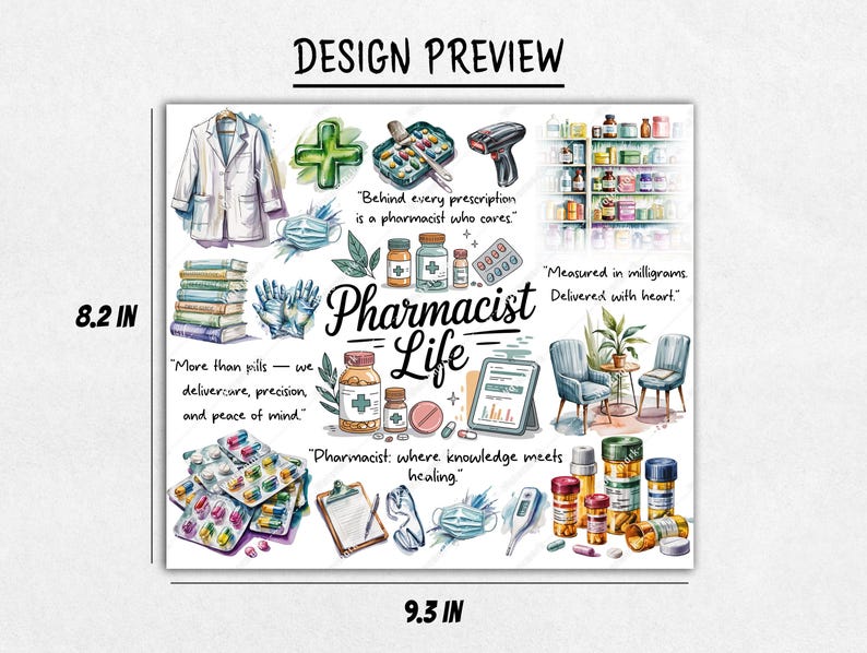 Pharmacist Life Tumbler Design: Watercolor Pharmacy Icons (20oz Skinny ...