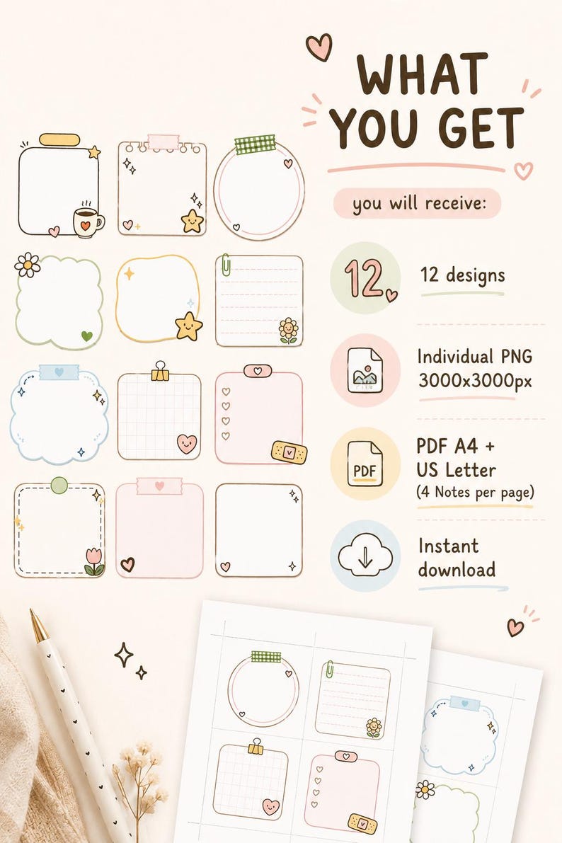 Cozy Kawaii Doodle Sticky Notes – Printable Memo Bundle (digital ...