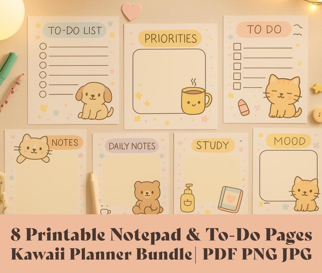 Kawaii Printable Notepad & to Do Pages | 8 Cute Daily Notes | Digital ...