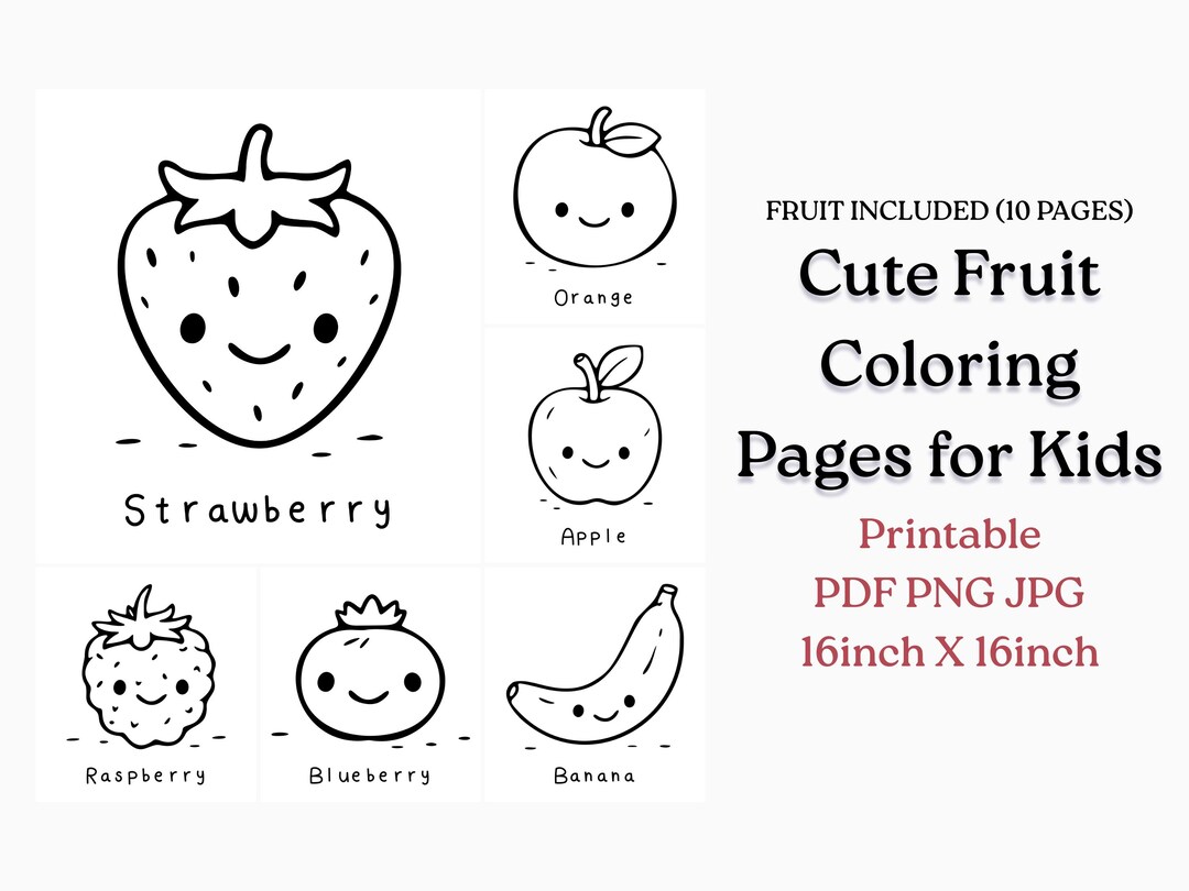 Kawaii Fruit Coloring Pages for Kids – Printable Line Art (digital ...