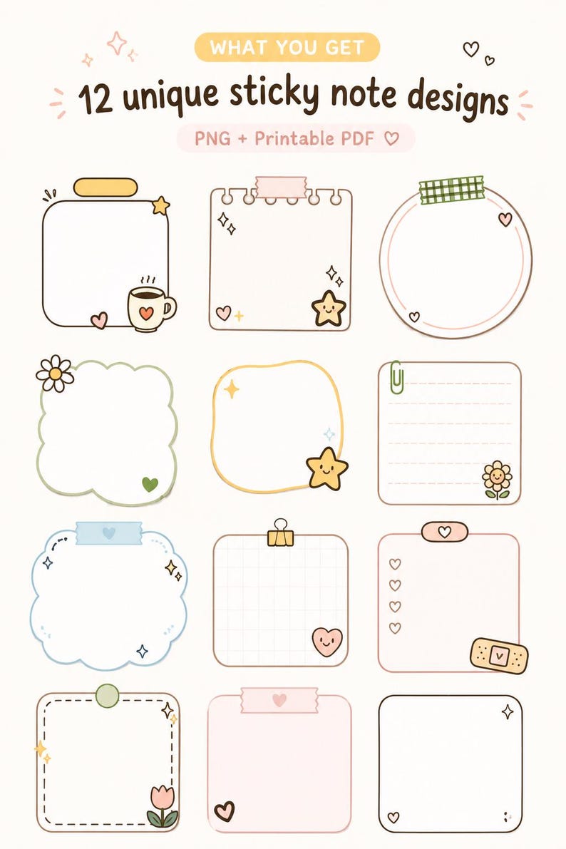 Cozy Kawaii Doodle Sticky Notes – Printable Memo Bundle (digital ...