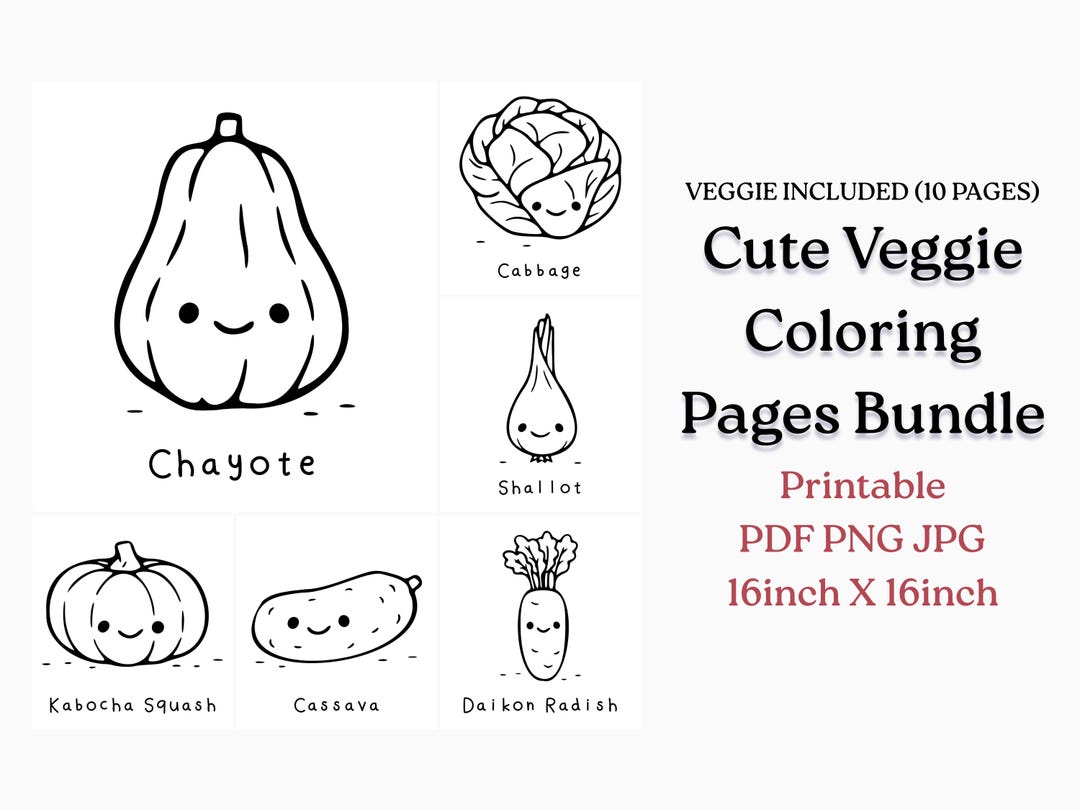 Cute Vegetable Coloring Pages – Kids Printable Coloring Set – Kawaii ...