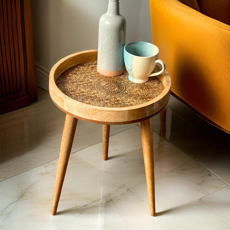 Handcrafted Mango Wood Side Table: Embossed Brass Pattern - Etsy
