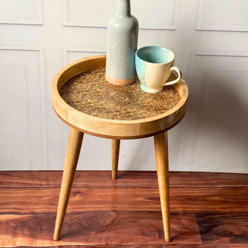Handcrafted Mango Wood Side Table: Embossed Brass Pattern - Etsy
