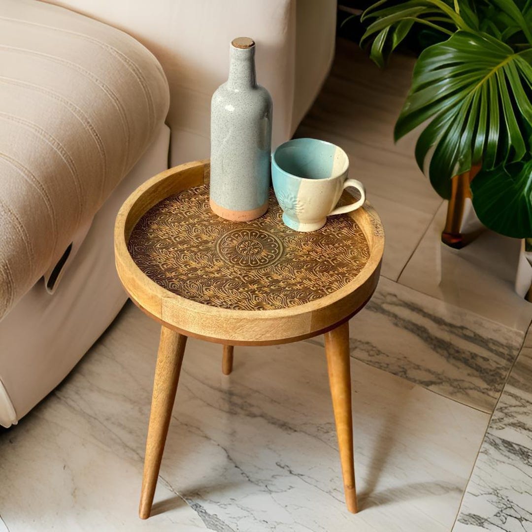 Handcrafted Mango Wood Side Table: Embossed Brass Pattern - Etsy