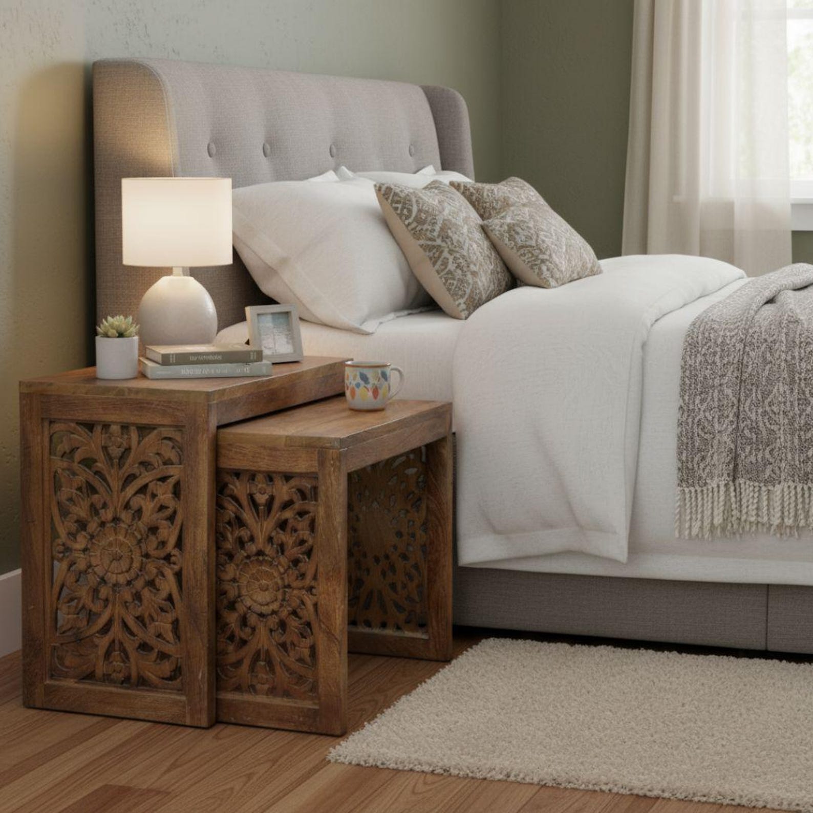 Hand Carved Mango Wood Nested End Tables, Natural Walnut Finish (set of ...