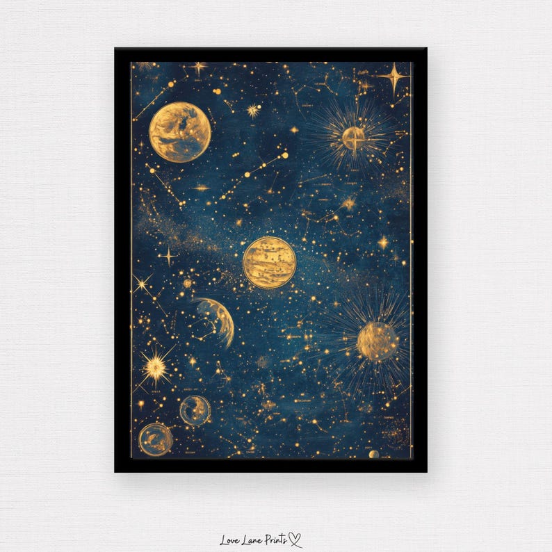 Vintage Celestial Star Map Digital Art Print, Golden Astronomy Wall Art ...