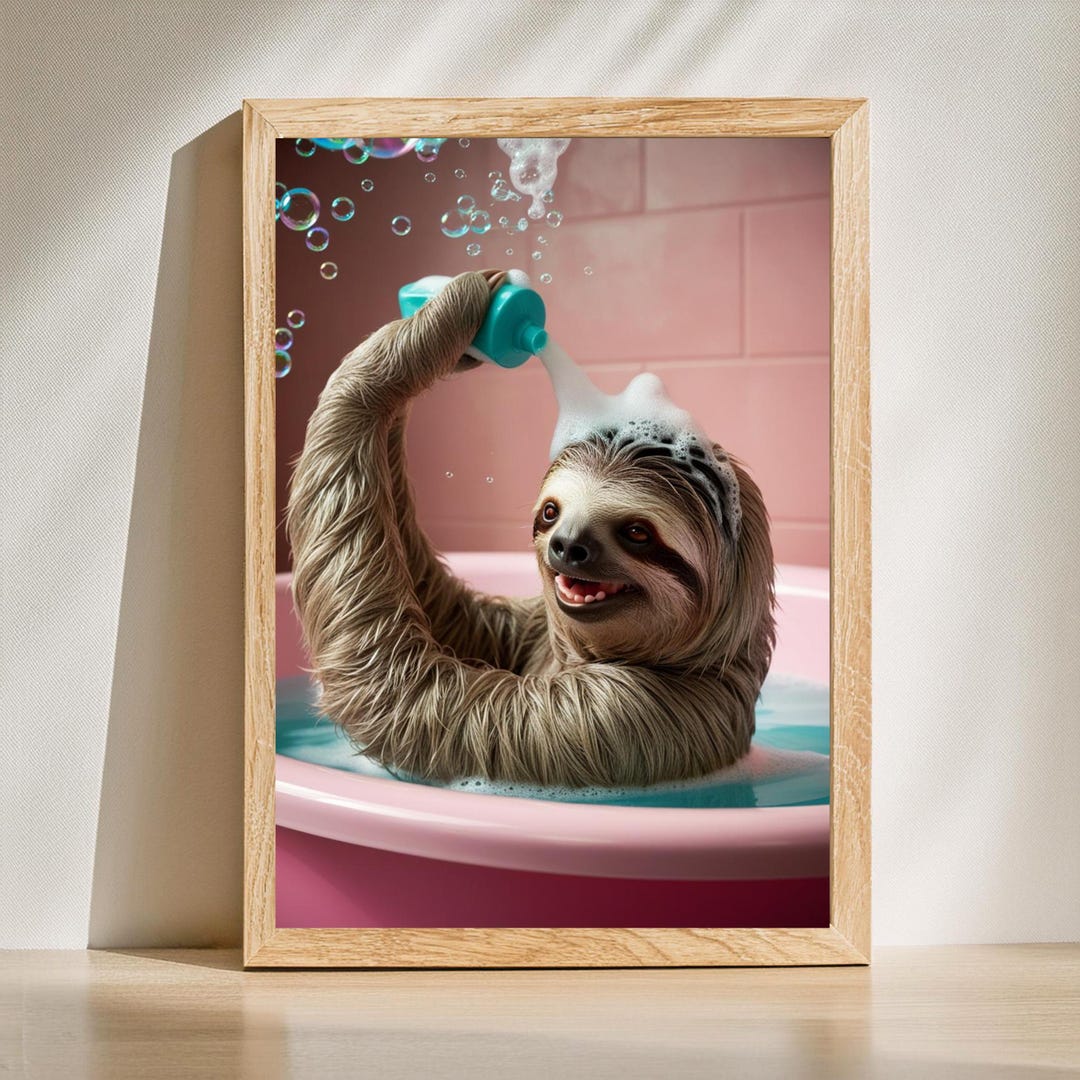 Cute Sloth Bathroom Wall Art - Funny Sloth Taking a Bath - Playful ...