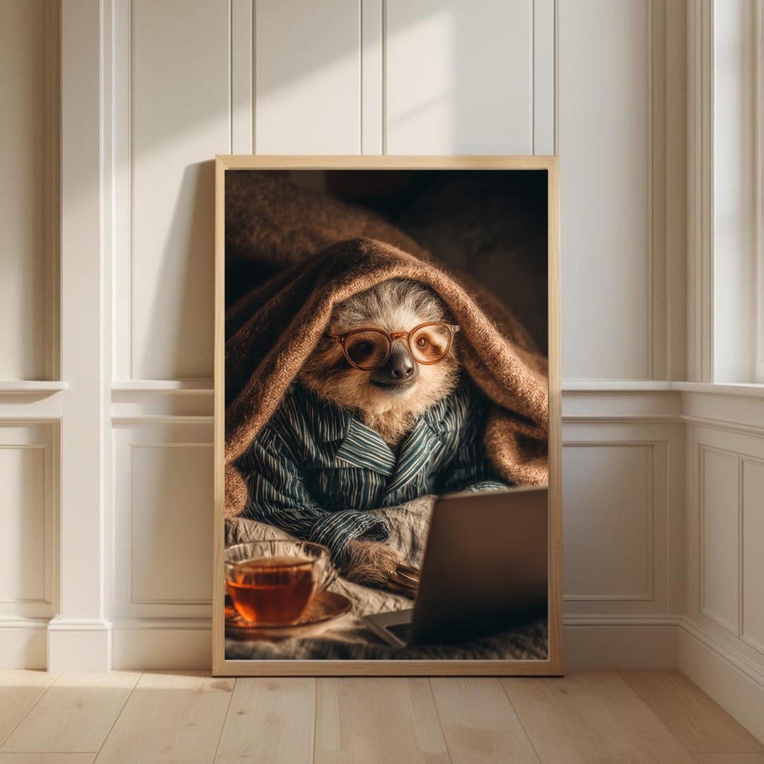 Cozy Sloth Art Print: Lazy Animal With Tea & Laptop (digital Download ...