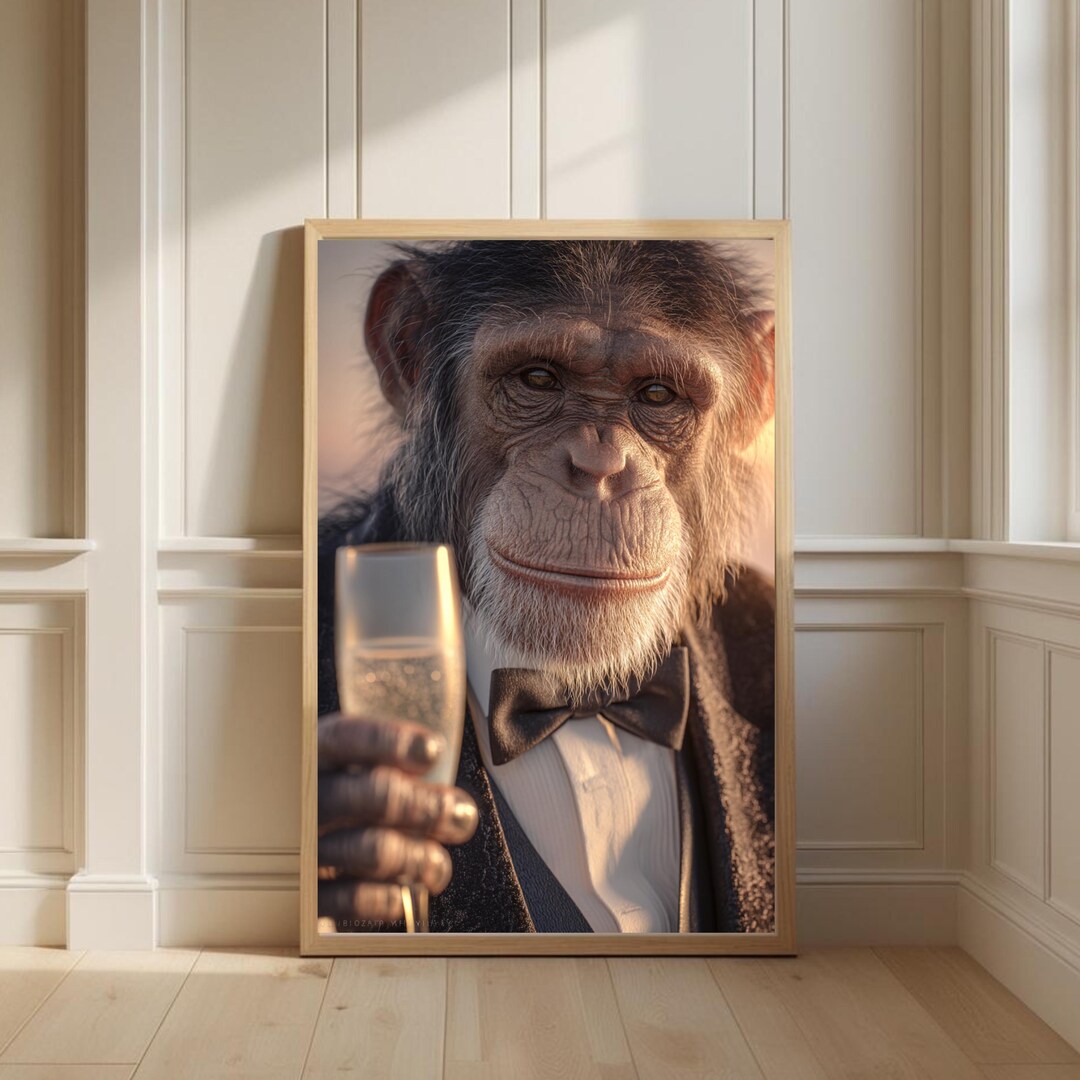 Realistic Chimpanzee Wall Art Holding Champagne - Colorful Funny Animal ...