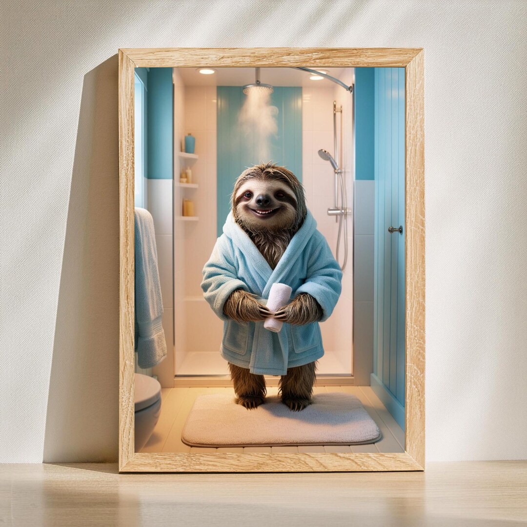 Funny Sloth Bathroom Wall Art - Cozy Sloth in a Bathrobe - Cute Spa ...