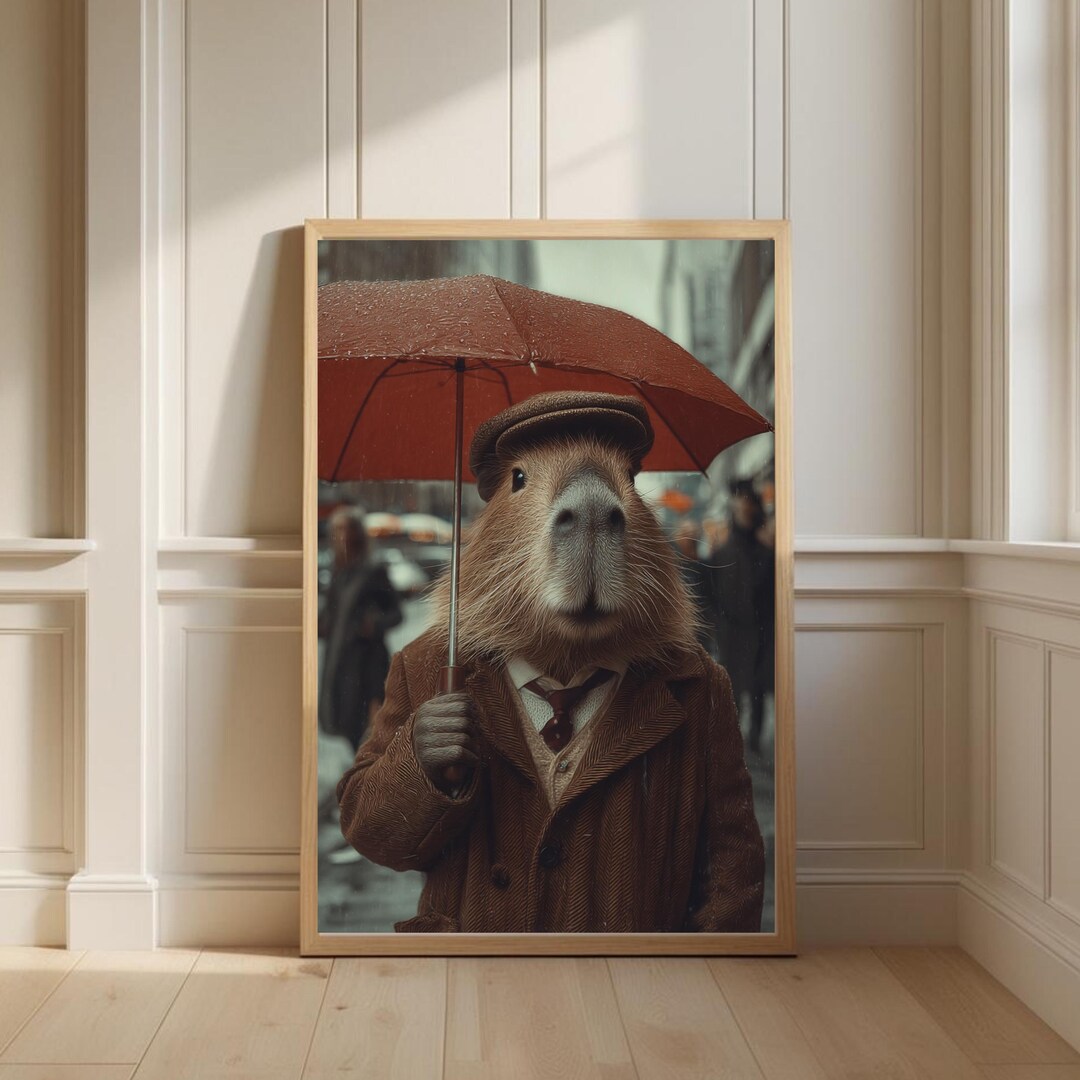 Capybara With Red Umbrella Printable Art: Whimsical Animal Wall Art ...