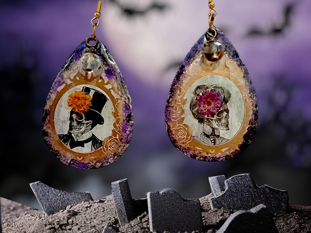 Spooky Chic Skull & Flower Teardrop Earrings - Gothic Whimsy Mixed ...
