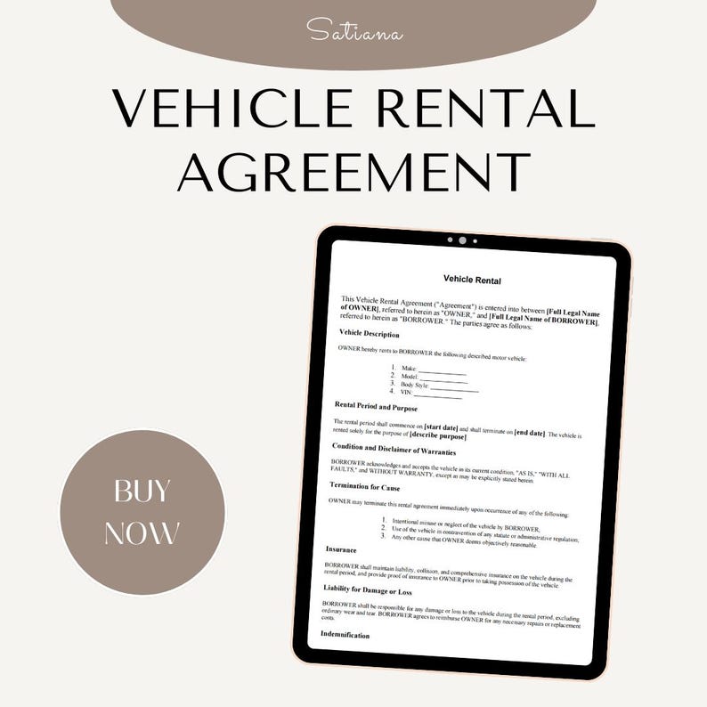 Editable Vehicle Rental Agreement Template – Instant PDF Download - Etsy