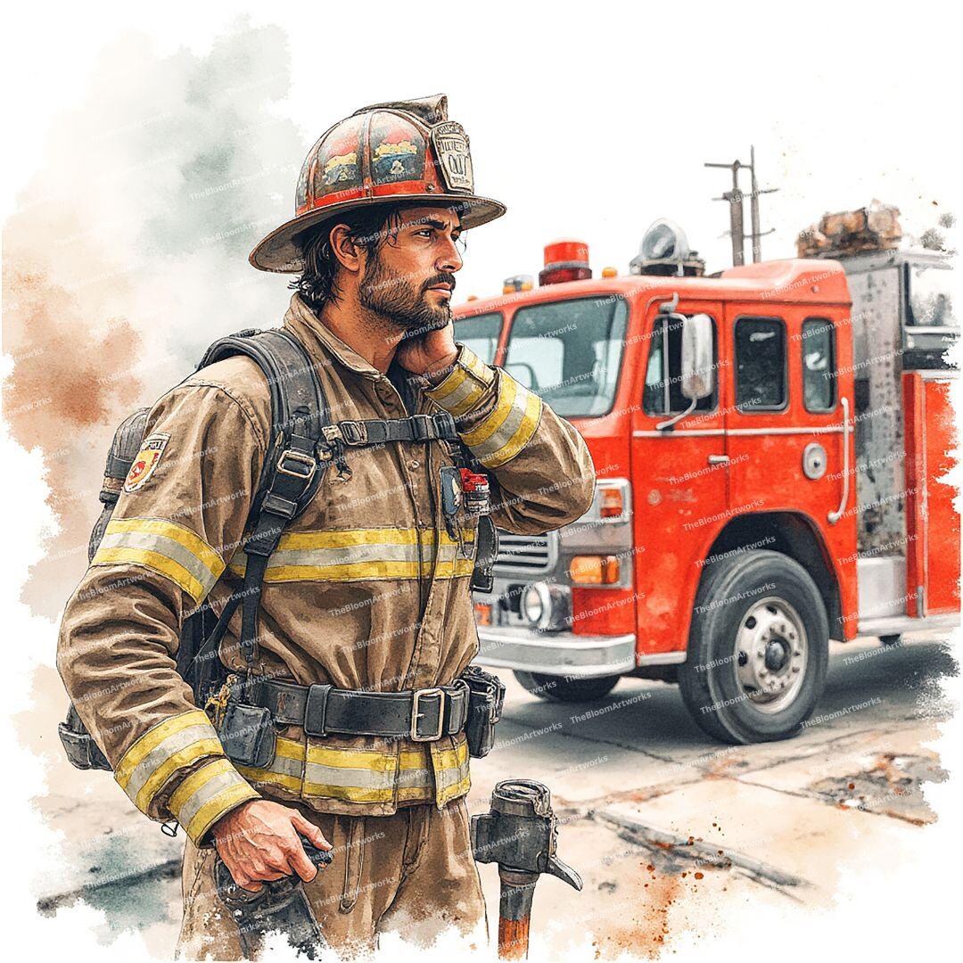 11 Watercolor Firefighter Clipart, Fire Truck Clipart, Watercolor ...