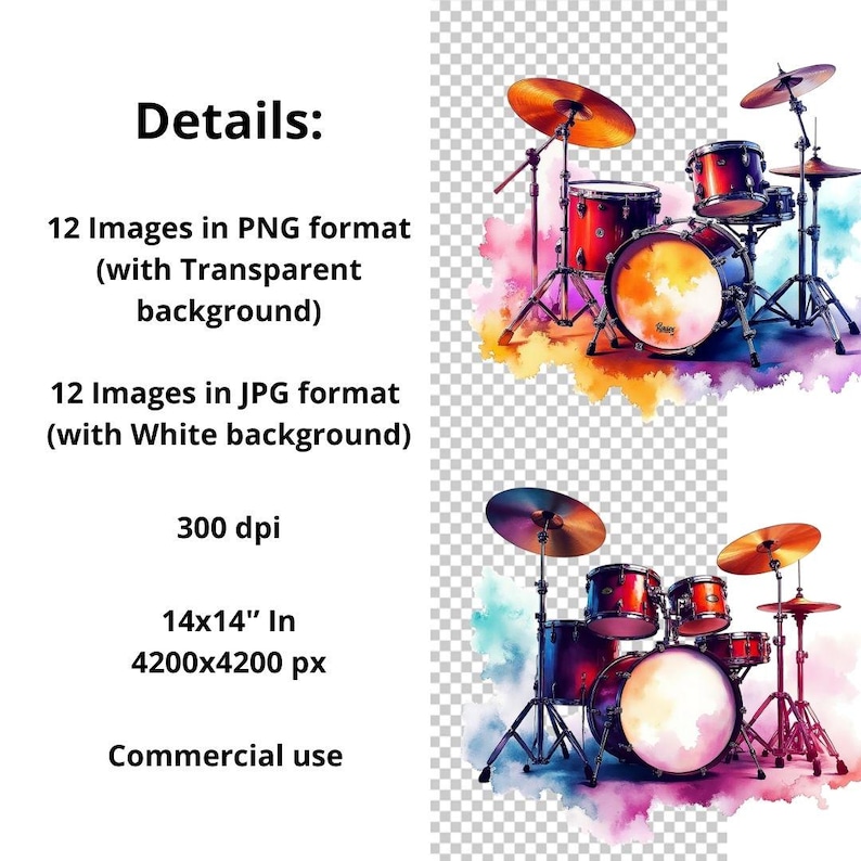 12 Drum Set Clipart, Drum Clipart, Watercolor Drums, Drums Clip Art ...