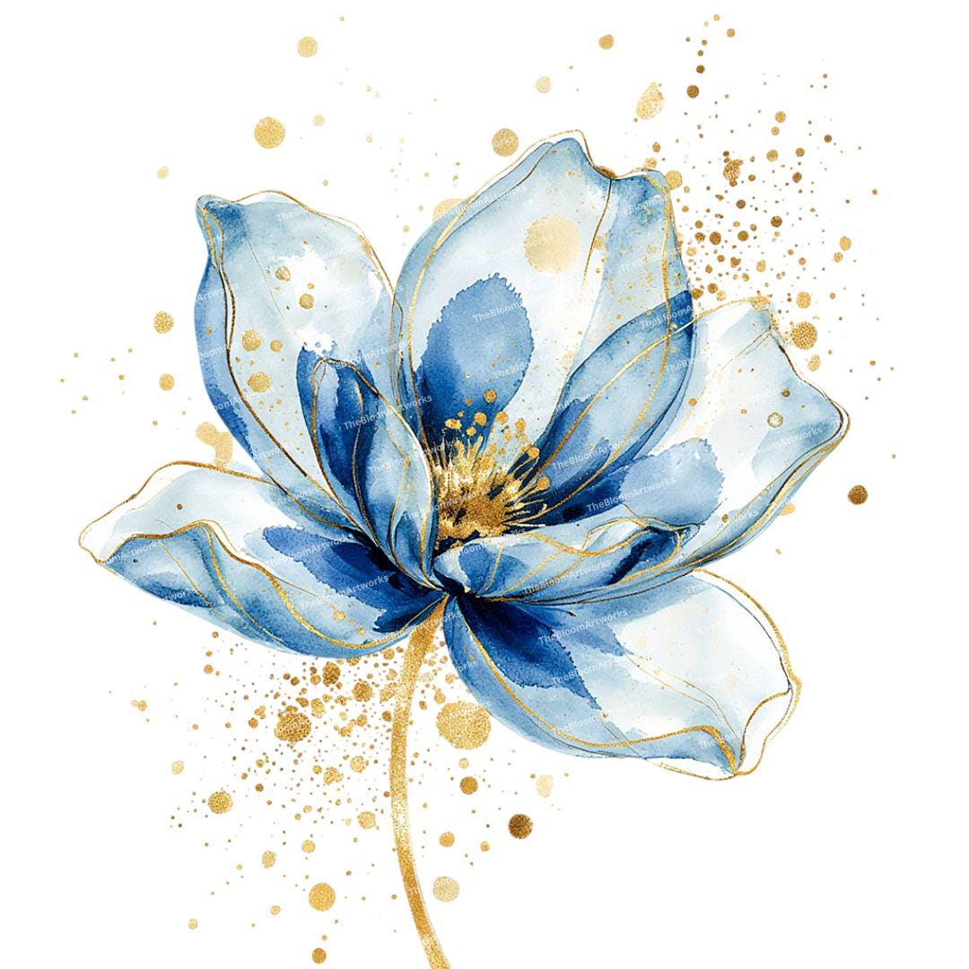 12 Watercolor Flower Clipart, Blue Gold Flowers, Floral Illustration ...