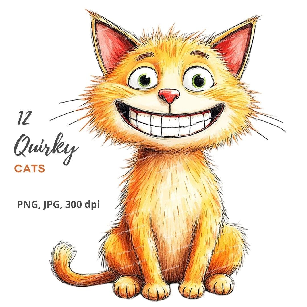 12 Quirky Cat Clipart, Funny Cartoon Kitty, Whimsical Cats, Sassy Cats ...