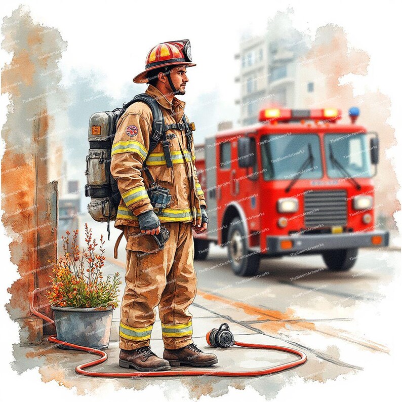 11 Firefighter Clipart, Watercolor Fireman, Fire Truck, Fireman ...