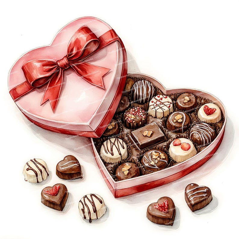 12 Box of Chocolate Clipart, Watercolor Candy Illustration, Heart ...
