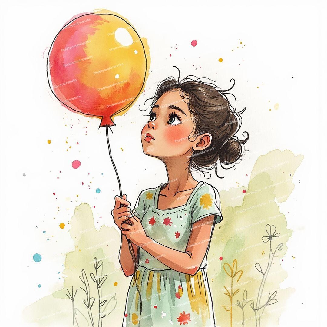 12 Girl With a Balloon Clipart, Printable Watercolor Clipart, High ...