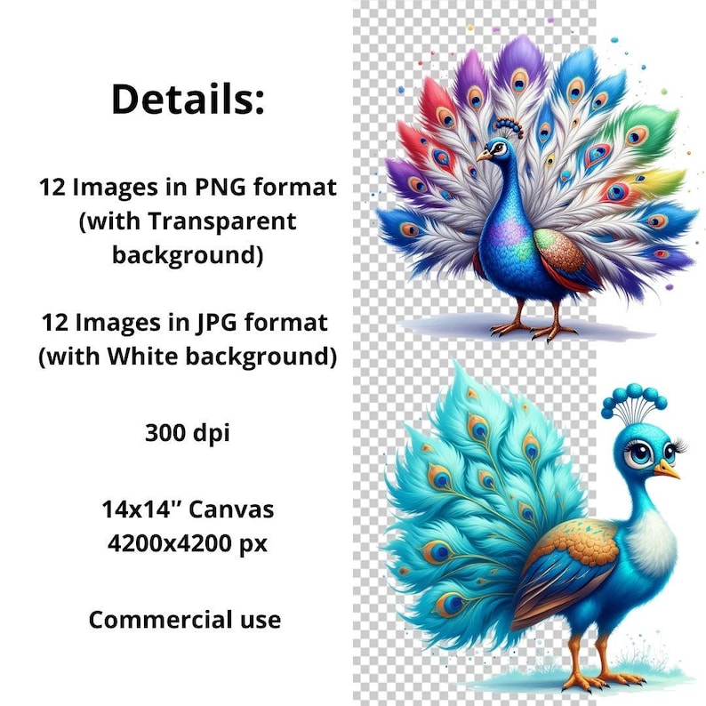 12 Colorful Peacock Clipart, Cute Whimsical Bird Illustration, Vibrant ...