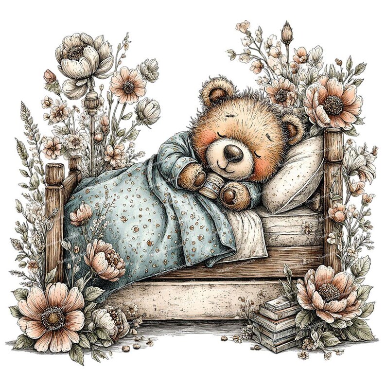 12 Sleepy Bear Clipart, Cute Baby Bear, Floral Nursery Art, Floral Bear ...