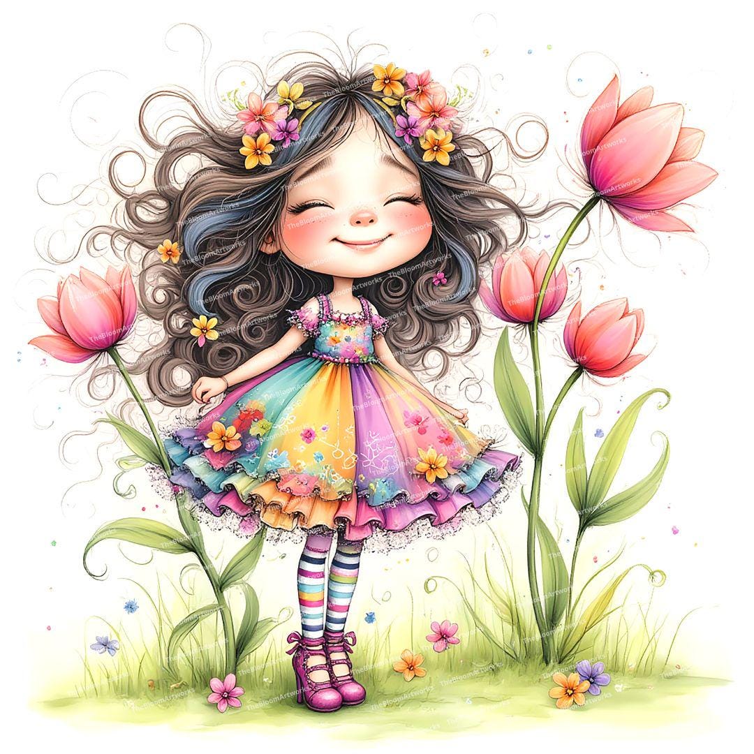 12 Whimsical Girl Clipart, Flower Fairy Girl Clip Art, Fantasy ...