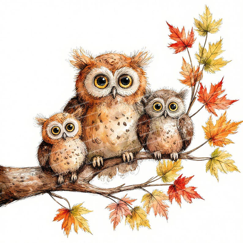 14 Woodland Owl Clipart, Watercolor Autumn Owls, Cute Fall Leaves ...