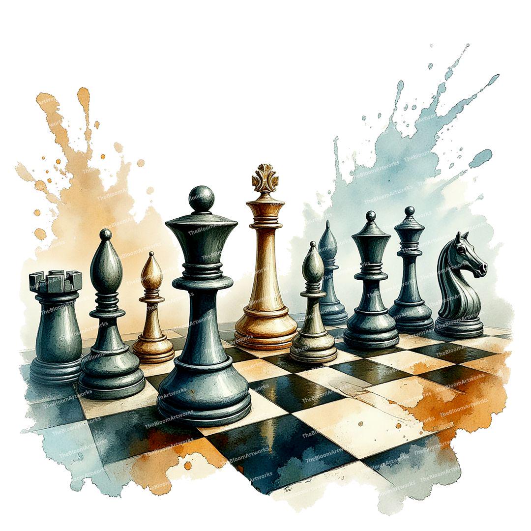 12 Watercolor Chess Clipart, Vintage Chess Illustration, King Queen ...