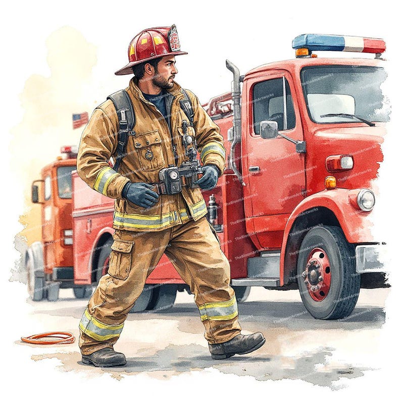 11 Firefighter Clipart, Watercolor Fireman, Fire Truck, Fireman ...