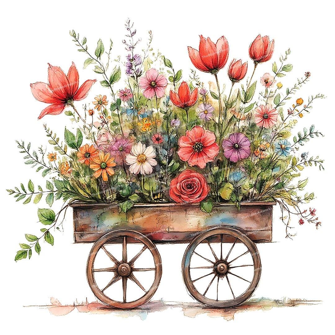 12 Flower Cart Clipart, Watercolor Floral Bouquet, Vintage Flower Wagon ...