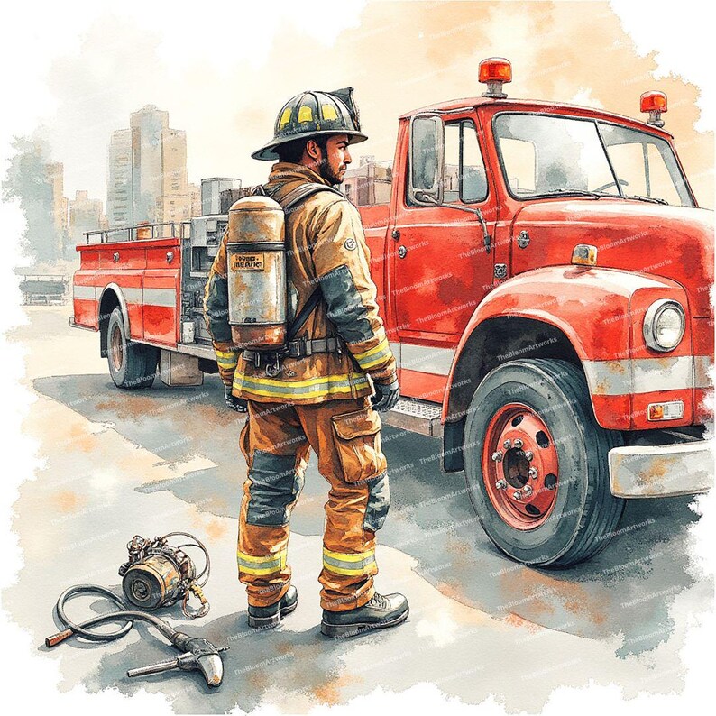 11 Firefighter Clipart, Watercolor Fireman, Fire Truck, Fireman ...