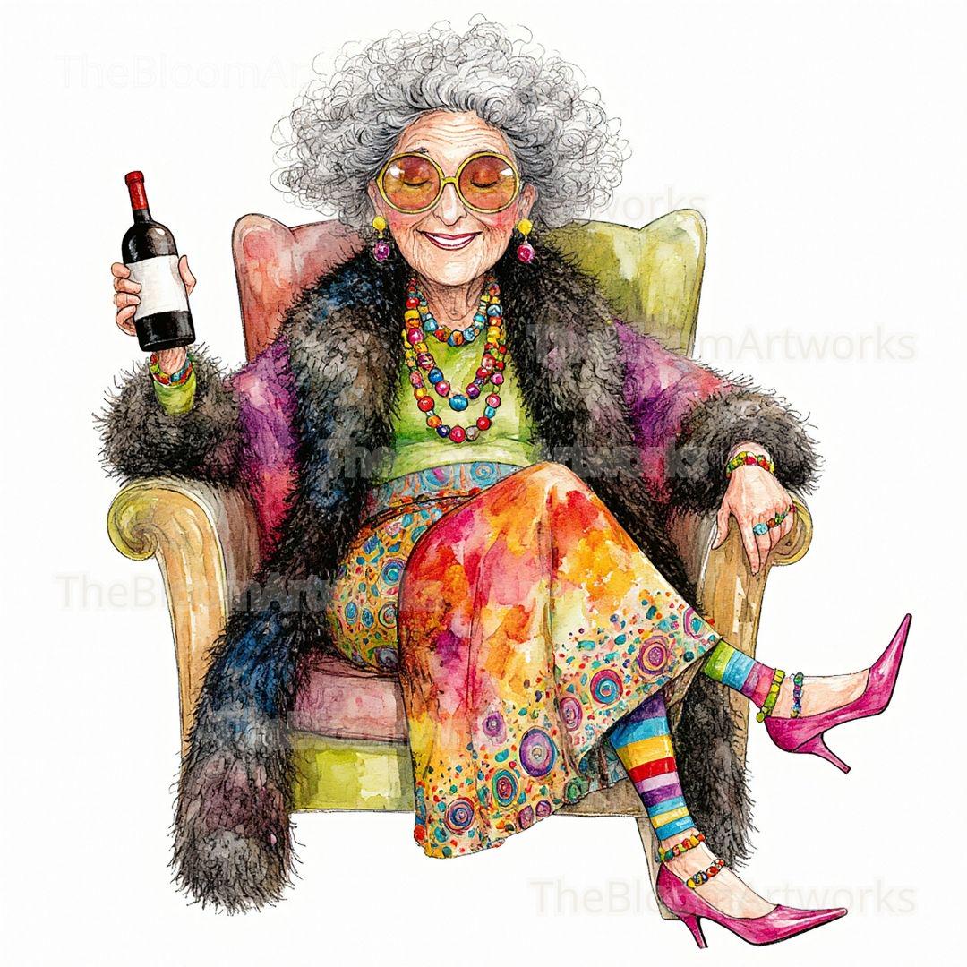 12 Boho Grandma Clipart, Funny Old Lady Art, Stylish Grandma, Wine ...
