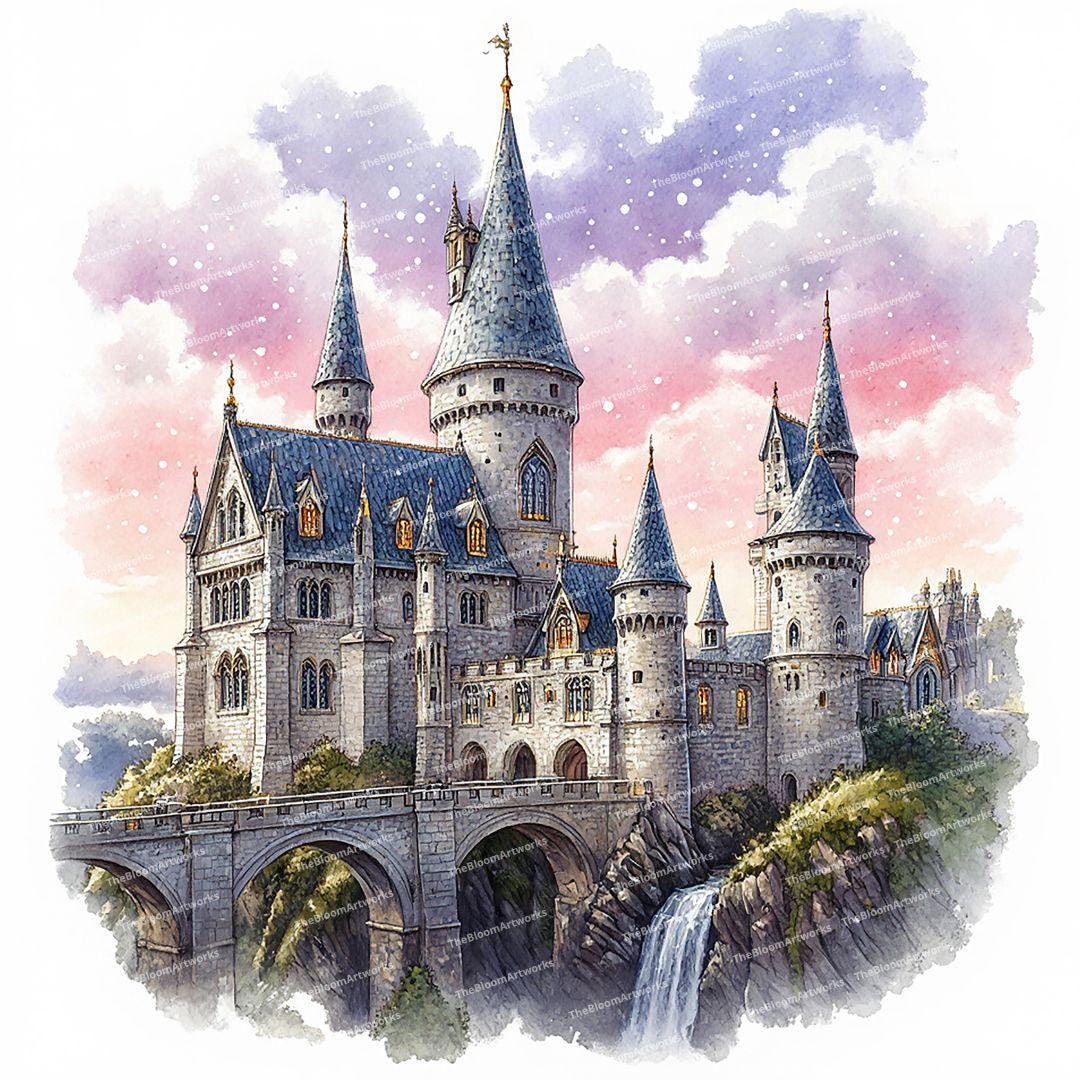 12 Fantasy Castle Clipart, Magical Watercolor Castle, Wizard School ...