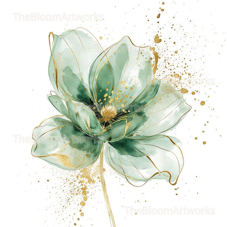 12 Watercolor Flower Clipart, Green Gold Flowers, Floral Illustration ...