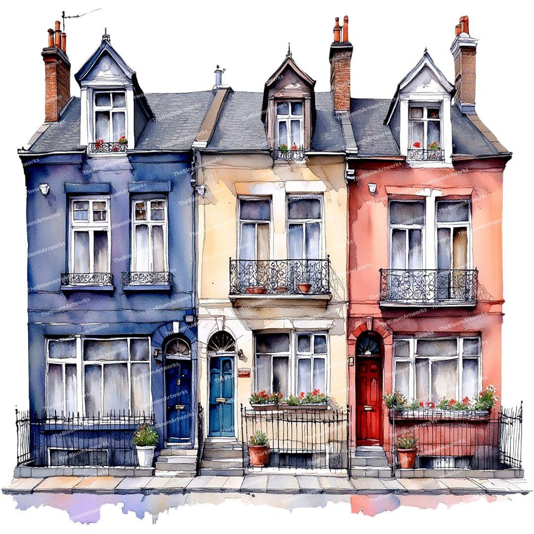 12 Row Houses Clipart, Colorful Houses, Watercolor Urban Architecture ...
