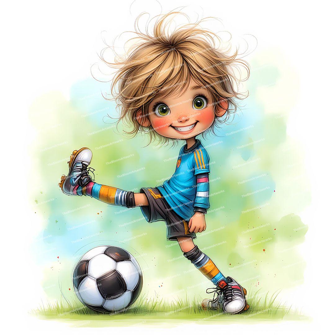 12 Whimsical Soccer Boy Clipart, Cute Football Illustration, Cartoon ...