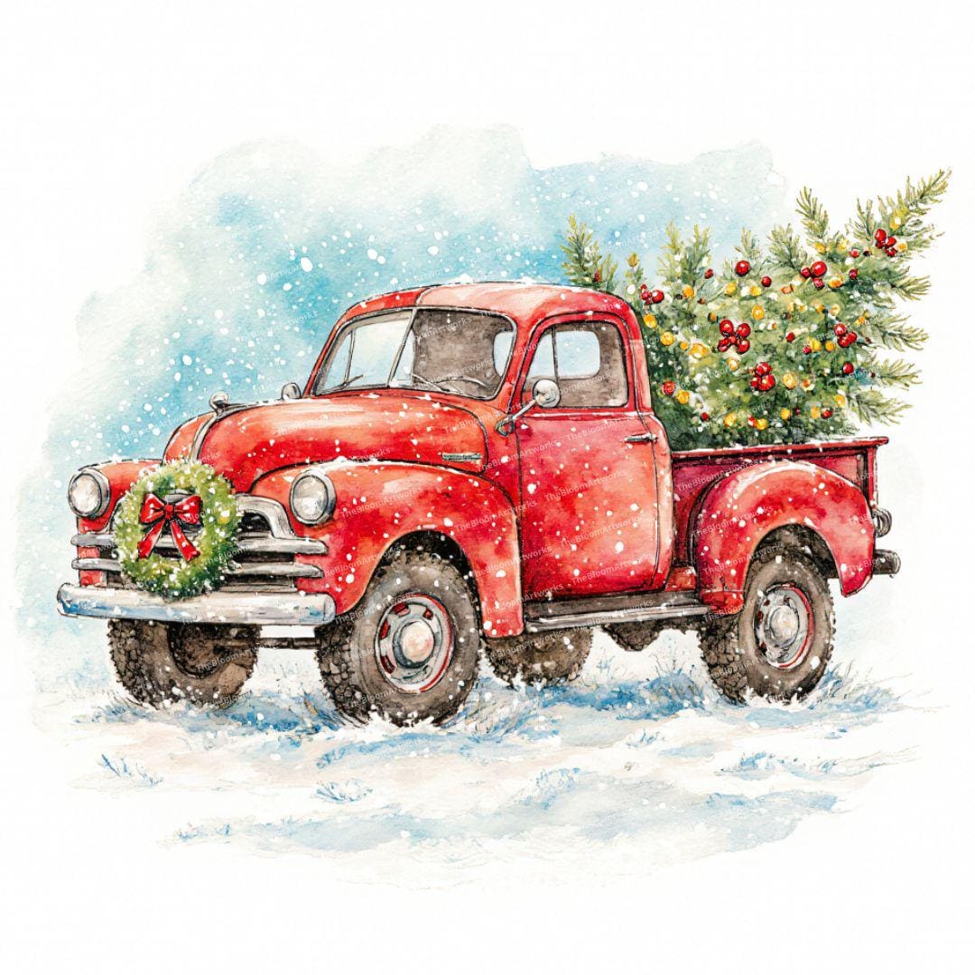 12 Pickup Truck Carrying Christmas Tree Clipart, Christmas Card, Cute ...