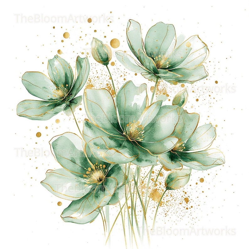 12 Watercolor Flower Clipart, Green Gold Flowers, Floral Illustration ...