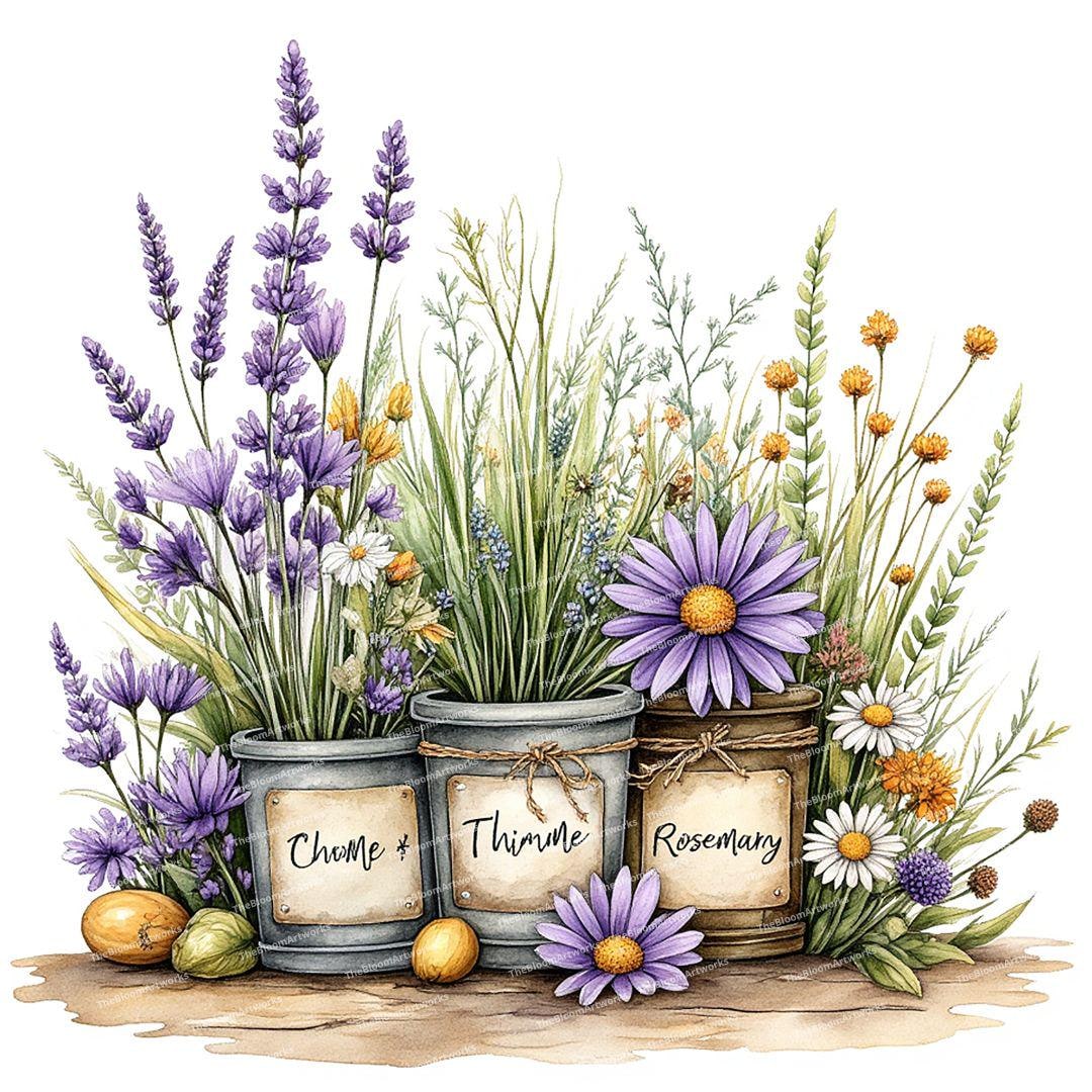 14 Watercolor Herbs Clipart, Rustic Wildflowers, Farmhouse Herbs ...