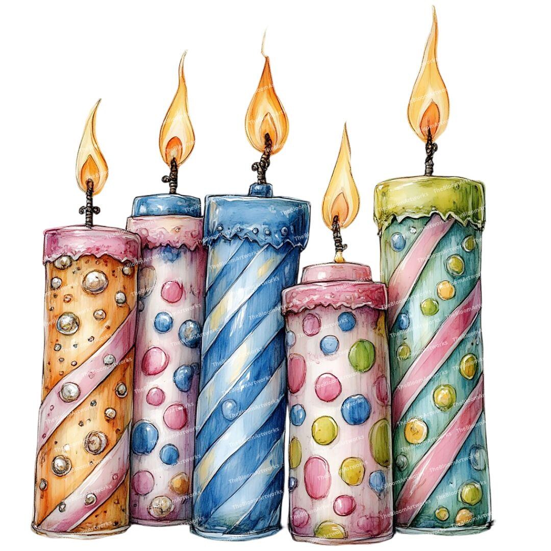 12 Birthday Candles Clipart, Watercolor Party Candles, Birthday Decoration Digital Art, High ...