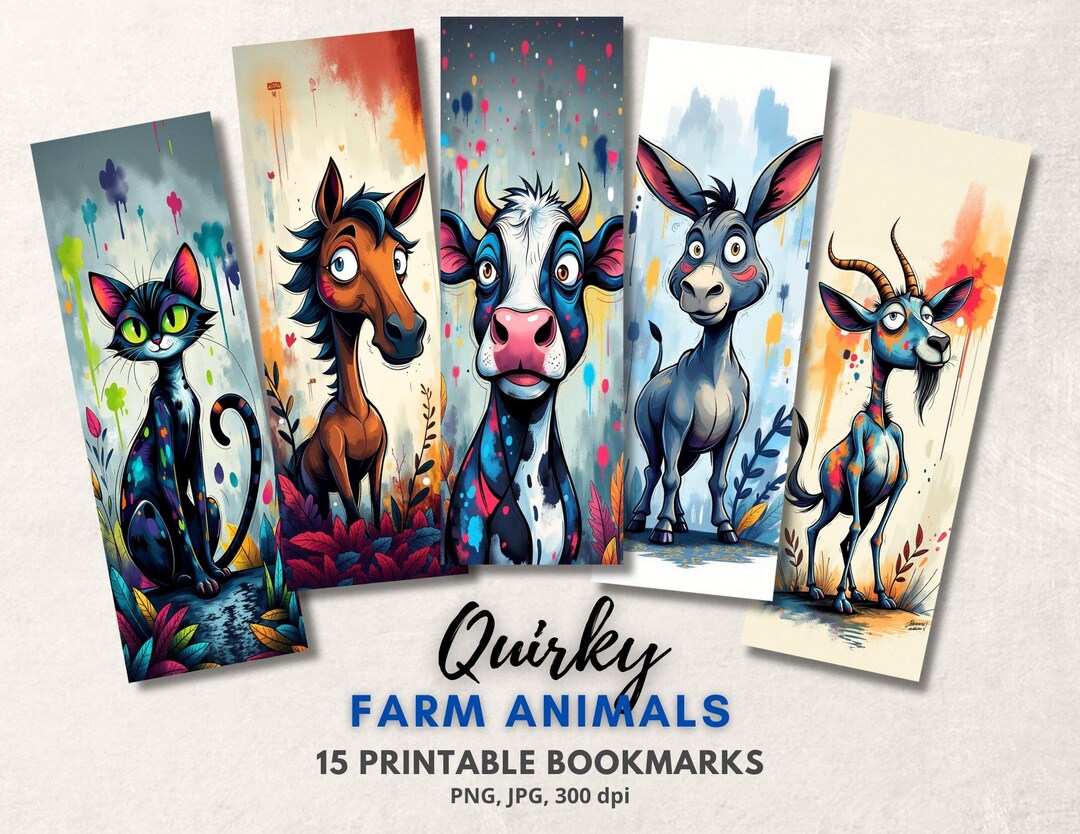 Quirky Farm Animals Printable Bookmarks, 15 Farm Animals Bookmark ...