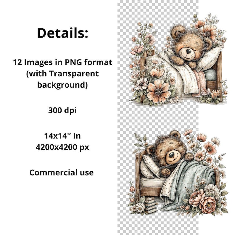 12 Sleepy Bear Clipart, Cute Baby Bear, Floral Nursery Art, Floral Bear ...