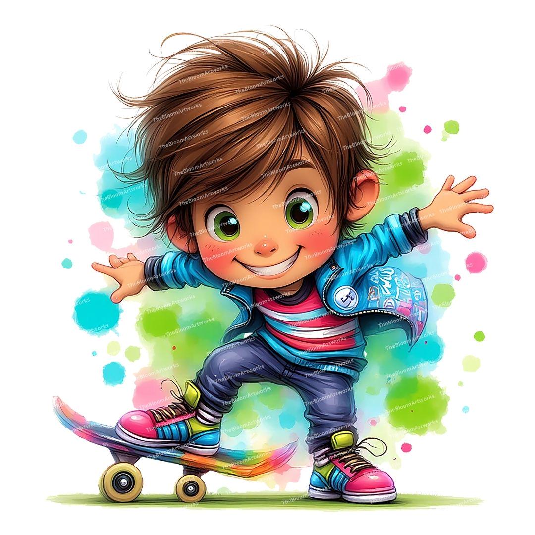 12 Skater Boy Clipart, Cute Cartoon Kid on Skateboard, Birthday Party ...